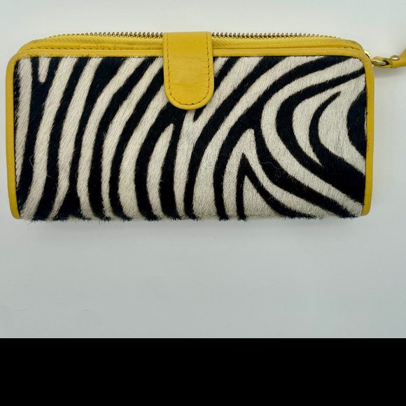 Boden | Bags | Boden Zebra Calf Hair And Yellow Trimmed Zippered Wallet ...